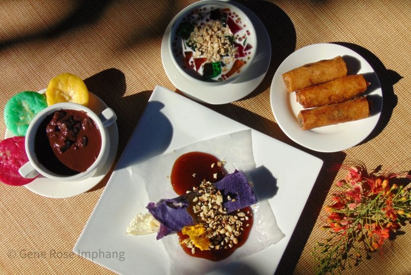 Classic Filipino merienda. Clockwise: Puto at Dinuguan, Ginumis, Turon ...